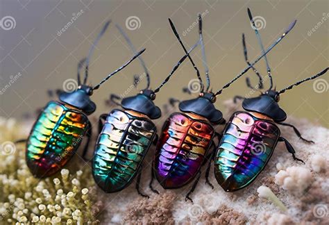 Ai Generated Illustration Of A Close Up Of Four Iridescent Beetles With