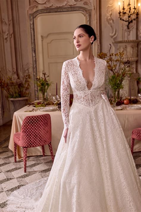 Lady Allover Lace A Line Gown With Plunging V Neckline And Basque