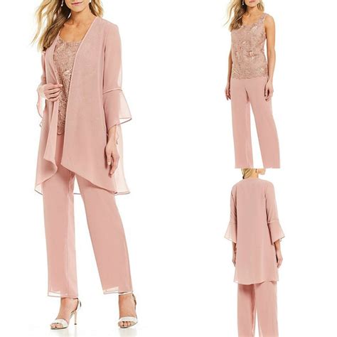 Light Pink Mother Of The Bride Pant Suit Chiffon Long Sleeve Lace