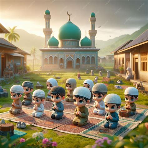 Premium Photo 3d Chibi Muslims Praying Eid Fitr In Mosque In The Village Settlements