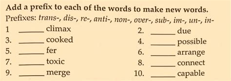Add A Prefix To Each Of The Words To Make New Wordsprefixes Trans Dis