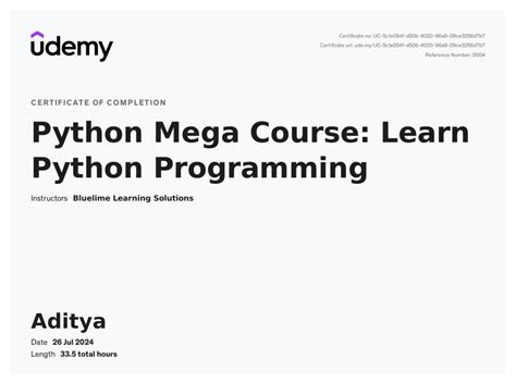 My Course Completion Certificate For Python Mega Course Learn Python