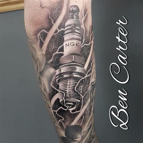Black And Grey Spark Plug Tattooed By Bencartertattoos At