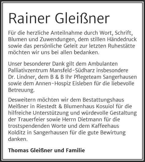 Traueranzeigen Von Rainer Gleißner Abschied Nehmende