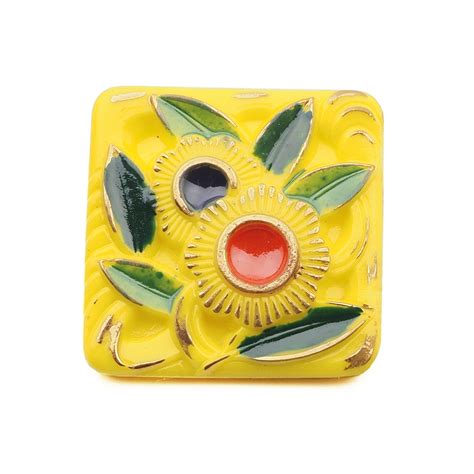 Vintage Czech Yellow Square Glass Button Gold Gilt Floral Hand Painted 25mm