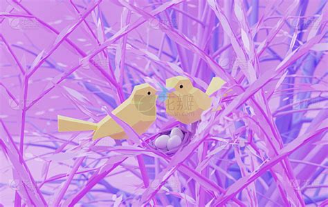 两只低聚的黄色小鸟栖息在精灵森林的树枝上，雄性喂养雌性与蝴蝶、恋人、关爱的概念，3d渲染