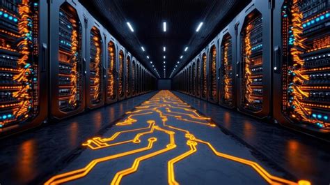 A Monolithic Data Center Architecture With Crystalline Facades And Glowing Circuitry Premium