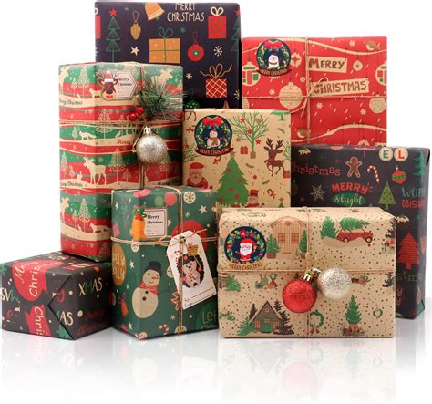 Christmas Wrapping Paper Set 8 Sheets Recycled Kraft T