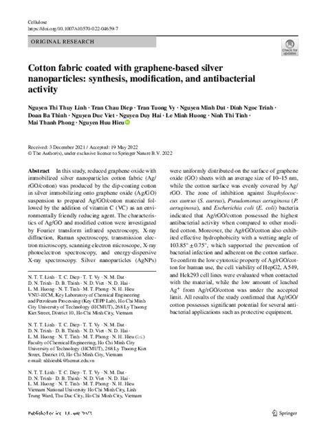 Pdf Cotton Fabric Coated With Graphene Based Silver Nanoparticles Synthesis Modification
