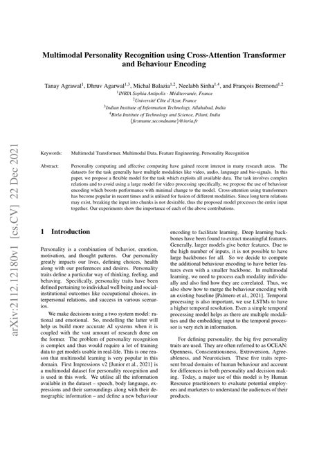 Pdf Multimodal Personality Recognition Using Cross Attention Transformer And Behaviour Encoding