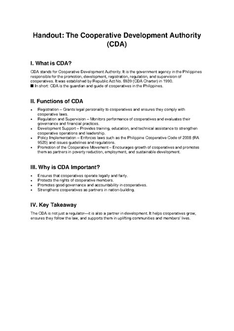 Cda Lecture Notes Understanding The Cooperative Development Authority