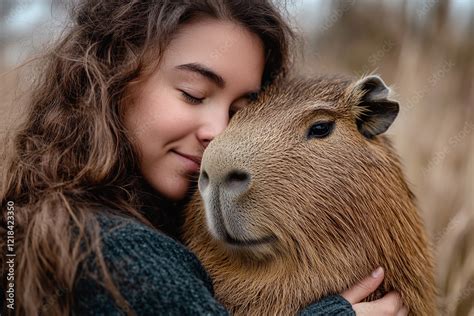 A Woman Warmly Embraces A Capybara Showcasing A Unique Bond Between