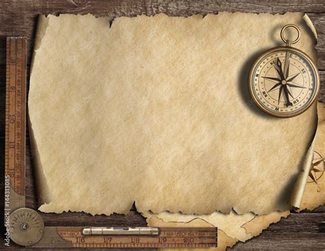 Old Blank Map Background With Compass Adventure And Travel Concept 3d Illustration Stock