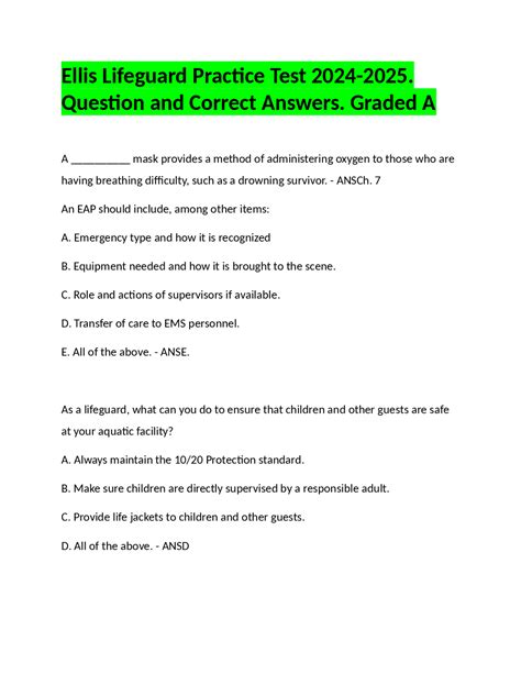 Ellis Lifeguard Practice Test 2024 2025 Question And Correct Answers Graded A Exams Life