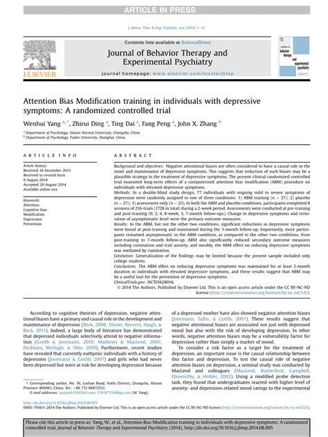 Pdf Attention Bias Modification Training In Individuals With Depressive Symptoms A Randomized
