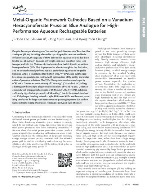 Pdf Metal Organic Framework Cathodes Based On A Vanadium