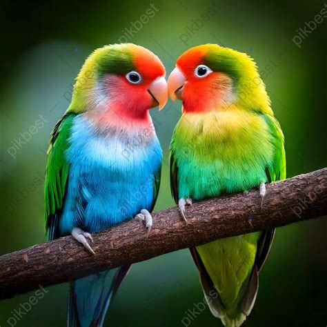 Blue And Green Lovebird Parrots Sitting Together On A Tree
