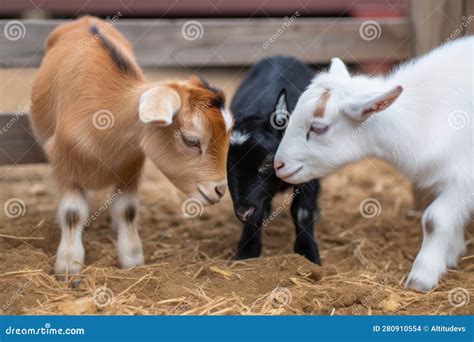 A Trio Of Tiny Goats Playfully Head Butting Each Other Stock