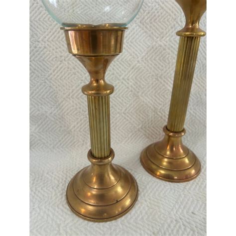 Vintage Neoclassic Solid Brass Candlesticks With Glass Globes A Pair Chairish