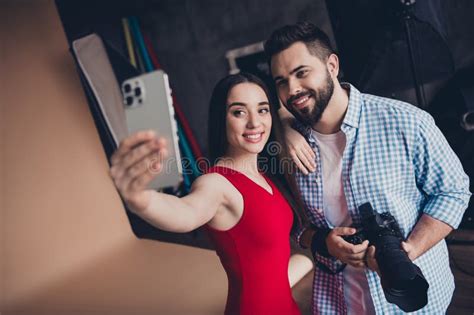 Photo Of Happy Cameraman Shiny Cute Girl Dressed Red Look Capturing