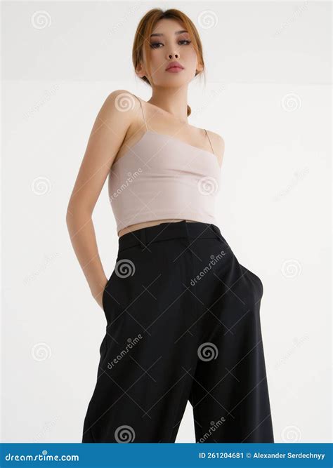Portrait Of Young Beautiful Asian Korean Woman Slim Fit Body Isolated