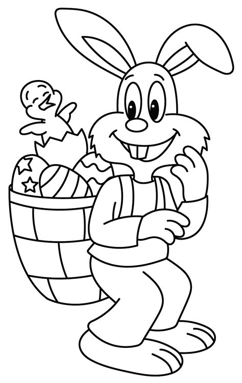 Easter Bunny Carrying Basket On Back With Easter Eggs And Cheerful Chick Hatching From An Egg 🐰🥚