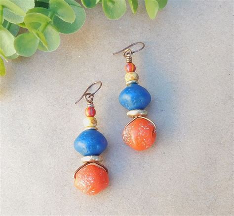 Opaque Orange And Cobalt Blue Java Earrings Glass Texture Cobalt