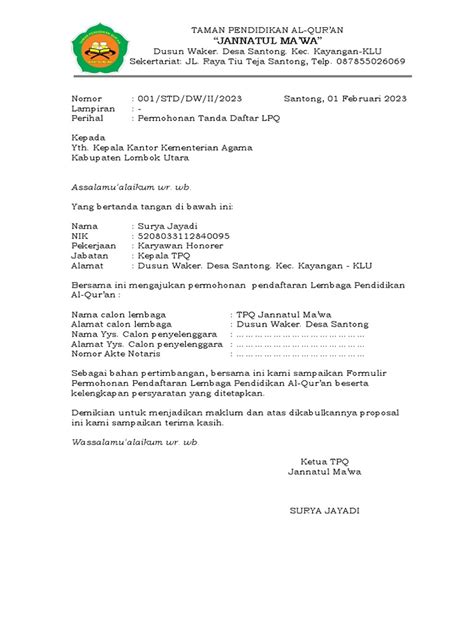 Permohonan Tanda Daftar Lpq Pdf