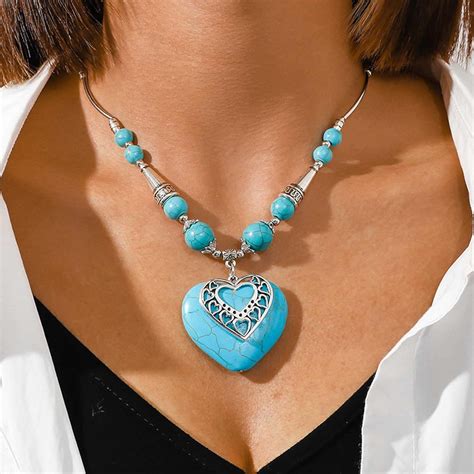 Yienate Boho Grande Cuore Turchese Collana Choker Vintage Etnico Amore