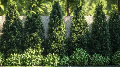 Leyland Cypress Trees And Boxwood Shrubs Forming A Garden Hedge Stock