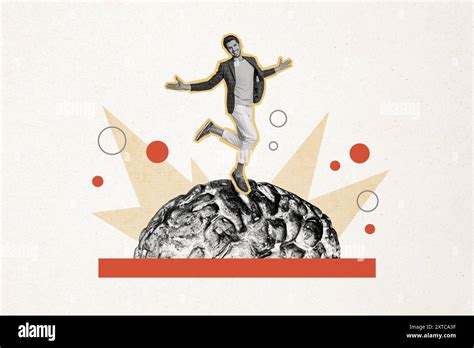 Composite Photo Collage Of Happy Man Jump Cortex Brain Mind Think Organ