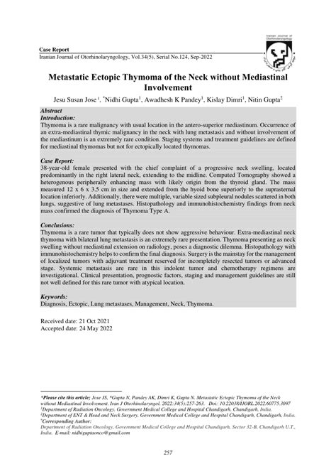 Pdf Metastatic Ectopic Thymoma Of The Neck Without Mediastinal Involvement