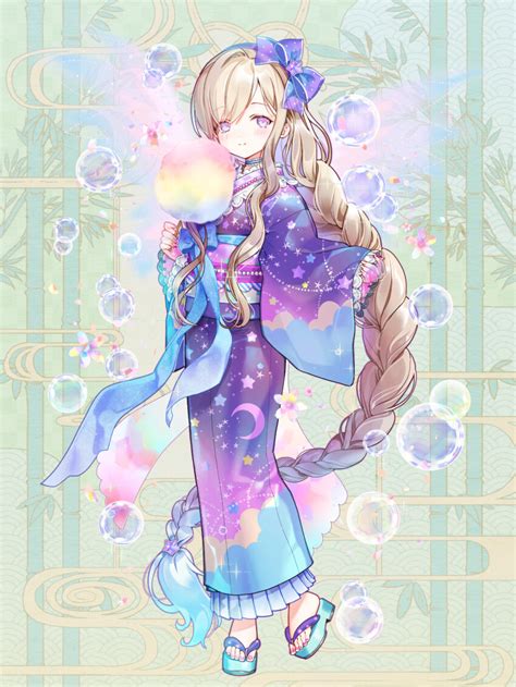 Chain Paradox Highres 1girl Aqua Sandals Bamboo Blonde Hair Blue