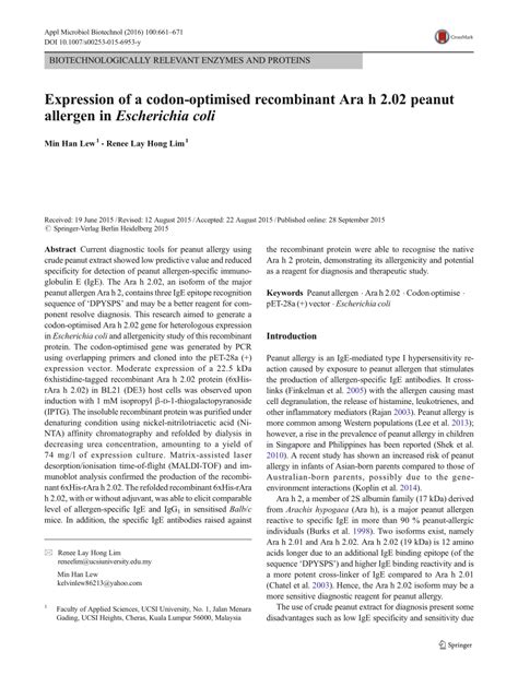 Pdf Expression Of A Codon Optimised Recombinant Ara H 202 Peanut Allergen In Escherichia Coli
