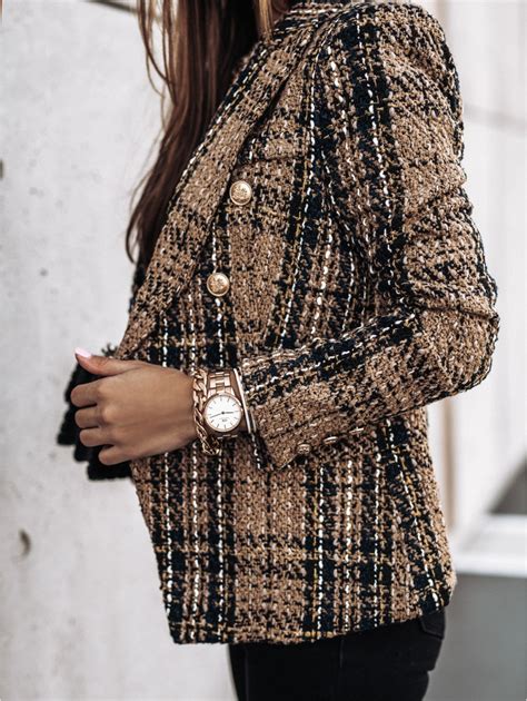 Dames Lange Wollen Mantel Bruin Geruit Knoopsluiting Winterjas