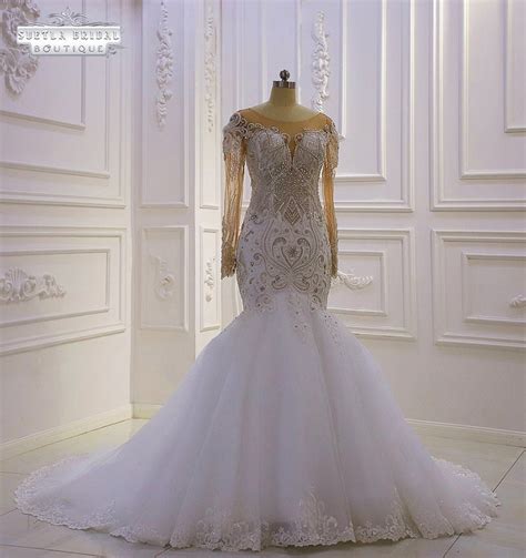 Bling Mermaid Wedding Dress Long Sleeve Luxury Beaded Lace Mermaid