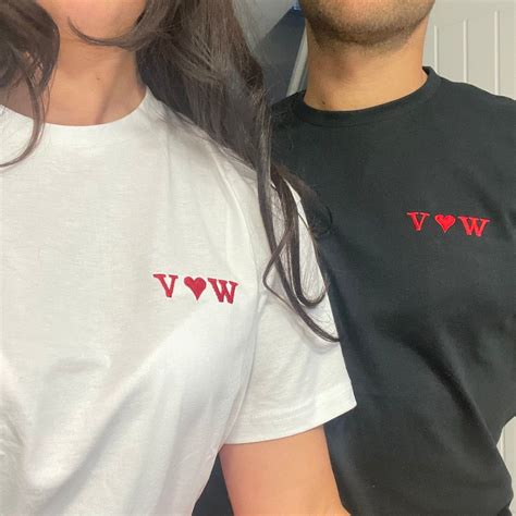 Personalized Matching Couple T Shirts With Embroidered Initials And Lo