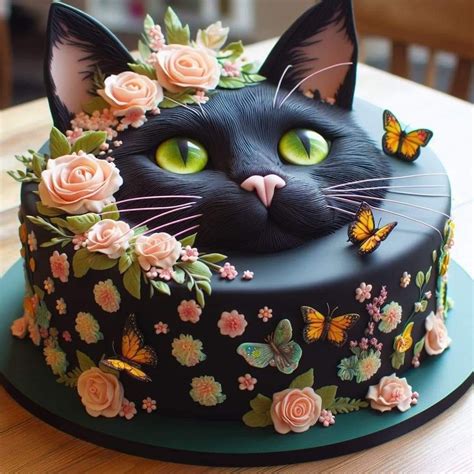 Whimsical Cat Cake With Butterflies And Flowers