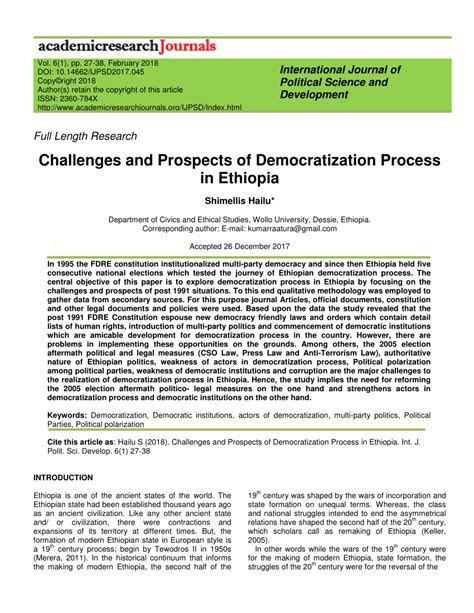 Pdf Challenges And Prospects Of Democratization Process In Ethiopia