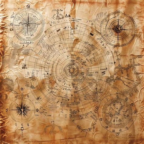 An Ancient Intricately Detailed Map On Worn Parchment Featuring Gears Compasses And