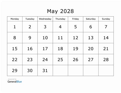 Printable May 2028 Calendar Monday Start