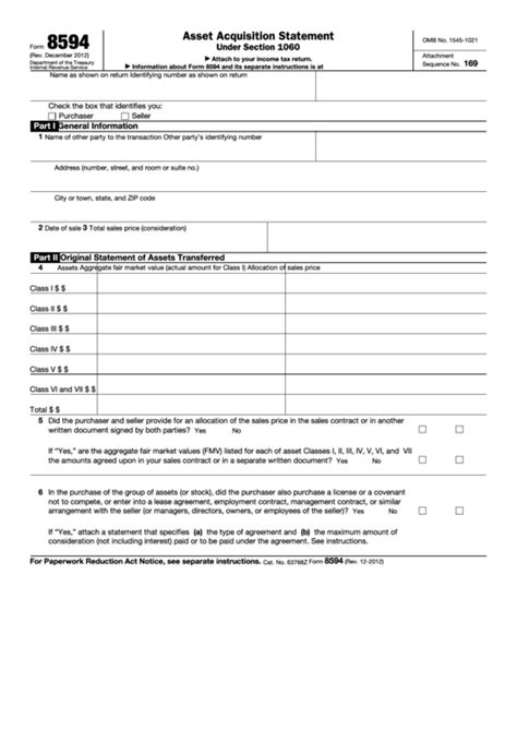 Fillable Form 8594 Asset Acquisition Statement Under Section 1060