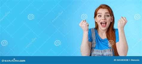 Close Up Cheerful Lucky Redhead Woman Win Lottery Fist Pump Yell Yeah