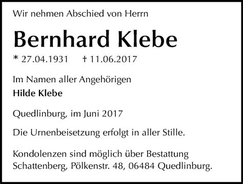 Traueranzeigen Von Bernhard Klebe Abschied Nehmen De