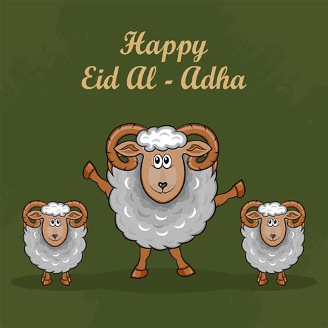 Eid Al Adha Greeting Cards With Hand Drawn Sheep In Green Background