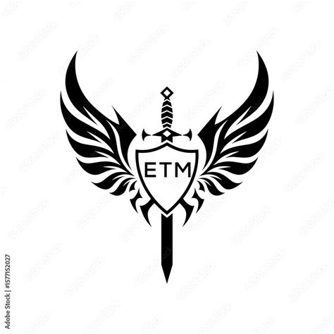 Etm Winged Sword And Shield Logo With Etm Letters Heraldic Emblem Etm Later Logo Black And