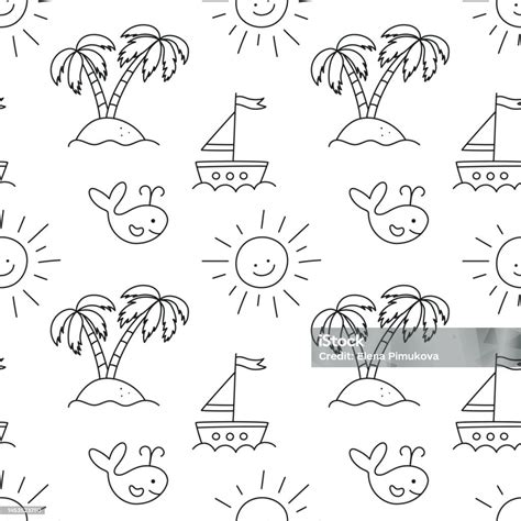 어린이 그림이 있는 매끄러운 패턴입니다 낙서 바다 패턴입니다 손으로 그린 웃는 태양 배 야자수 비와 고래 유치한 벽지 귀여운 아기 질감 흰색 배경에 벡터 그림 그리기에 대한