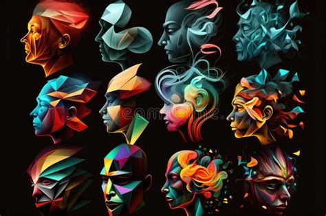 Collection Of Beautiful Abstract Thinking Heads On Dark Background Digital Illustration Stock