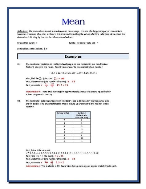 Statistics Calculate The Mean Multiple Representations Notes
