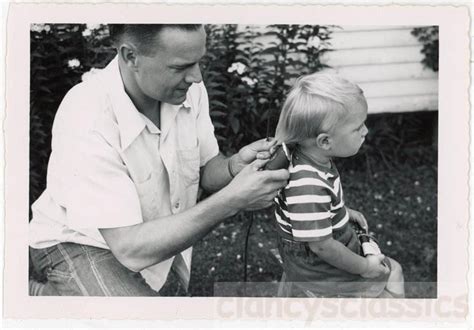 Vintage Photo 1950 Little Boy Gets First Haircut Barber Sits On A Stool